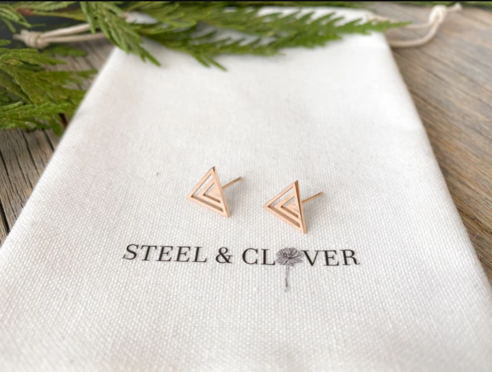 Pinnacle Triangle Studs in Rose Gold || Steel & Clover | Wool & Wick